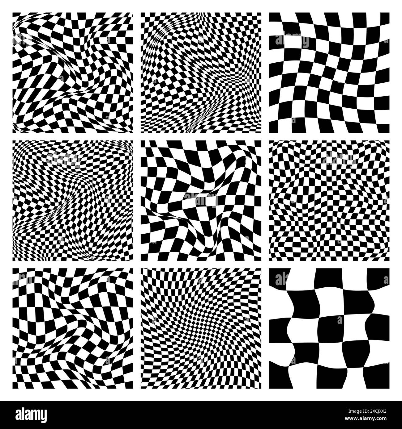 Trendy checkered pattern, black and white distorted tiled grid. Wavy ...