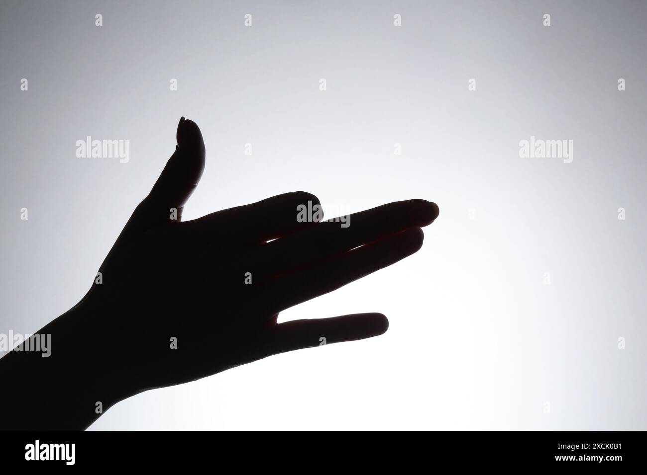 Shadow puppet. Woman making hand gesture like dog on light background ...