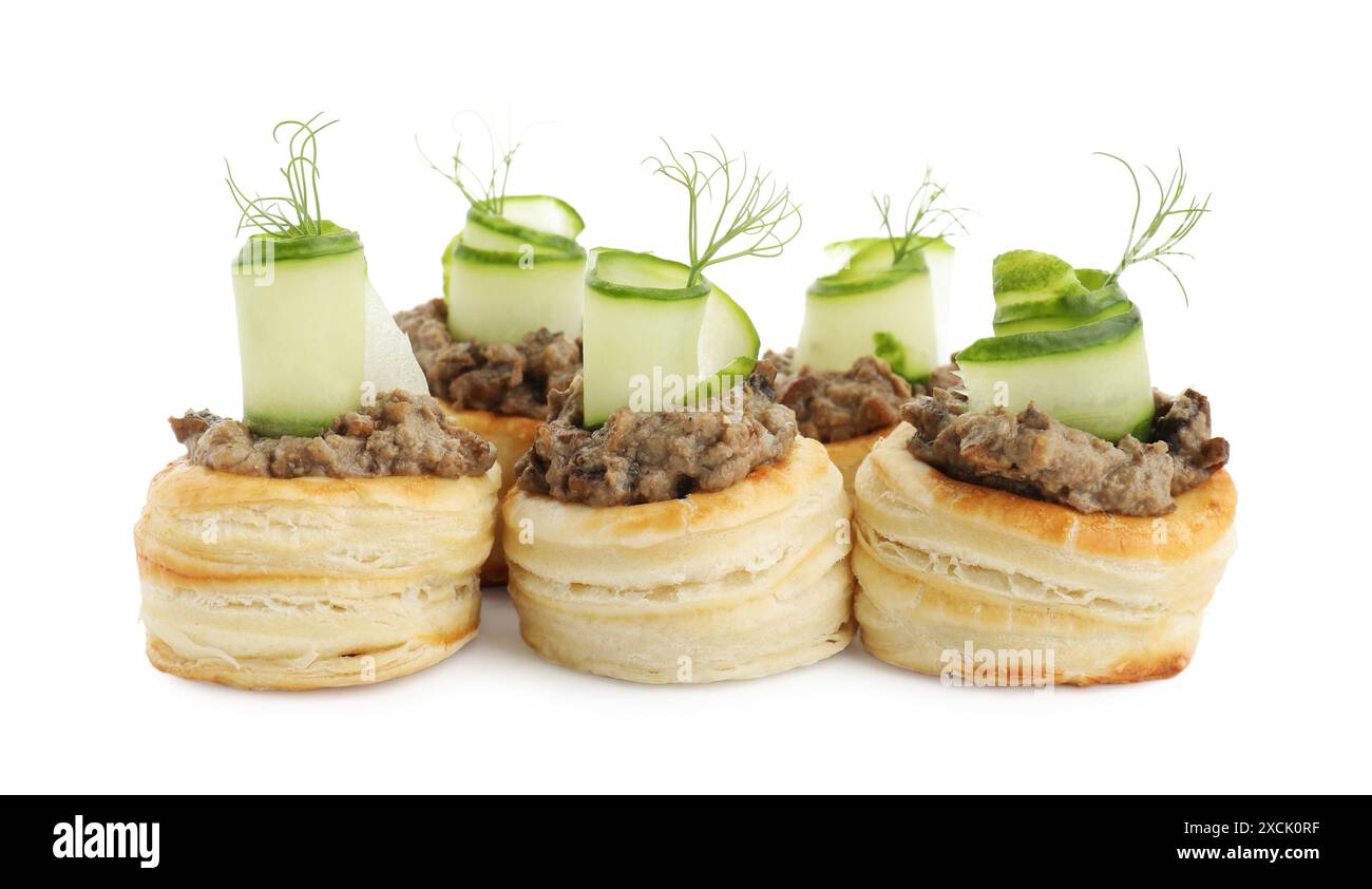 Delicious puff pastry with mushrooms, cucumber and dill isolated on ...