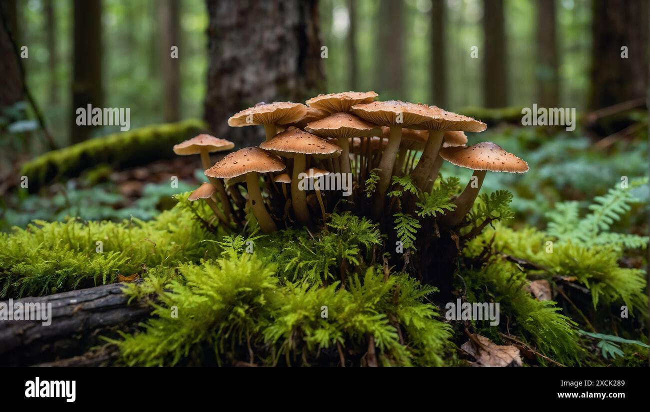 cluster of small mushrooms with brown caps growing from an old tree ...
