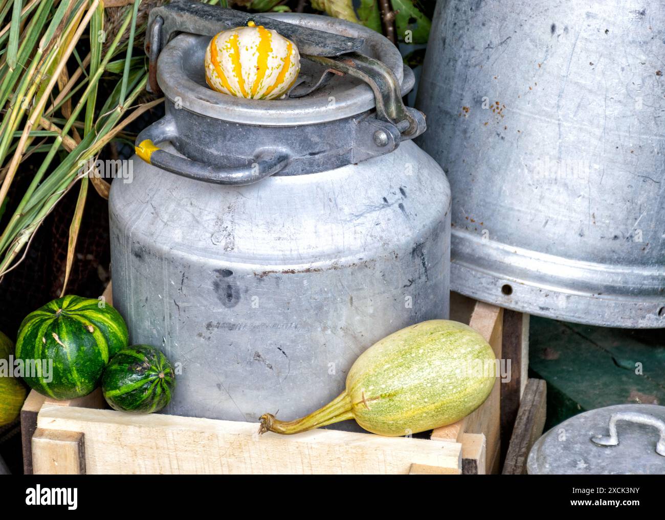 still life with various old aluminum objects, historical dishes ...