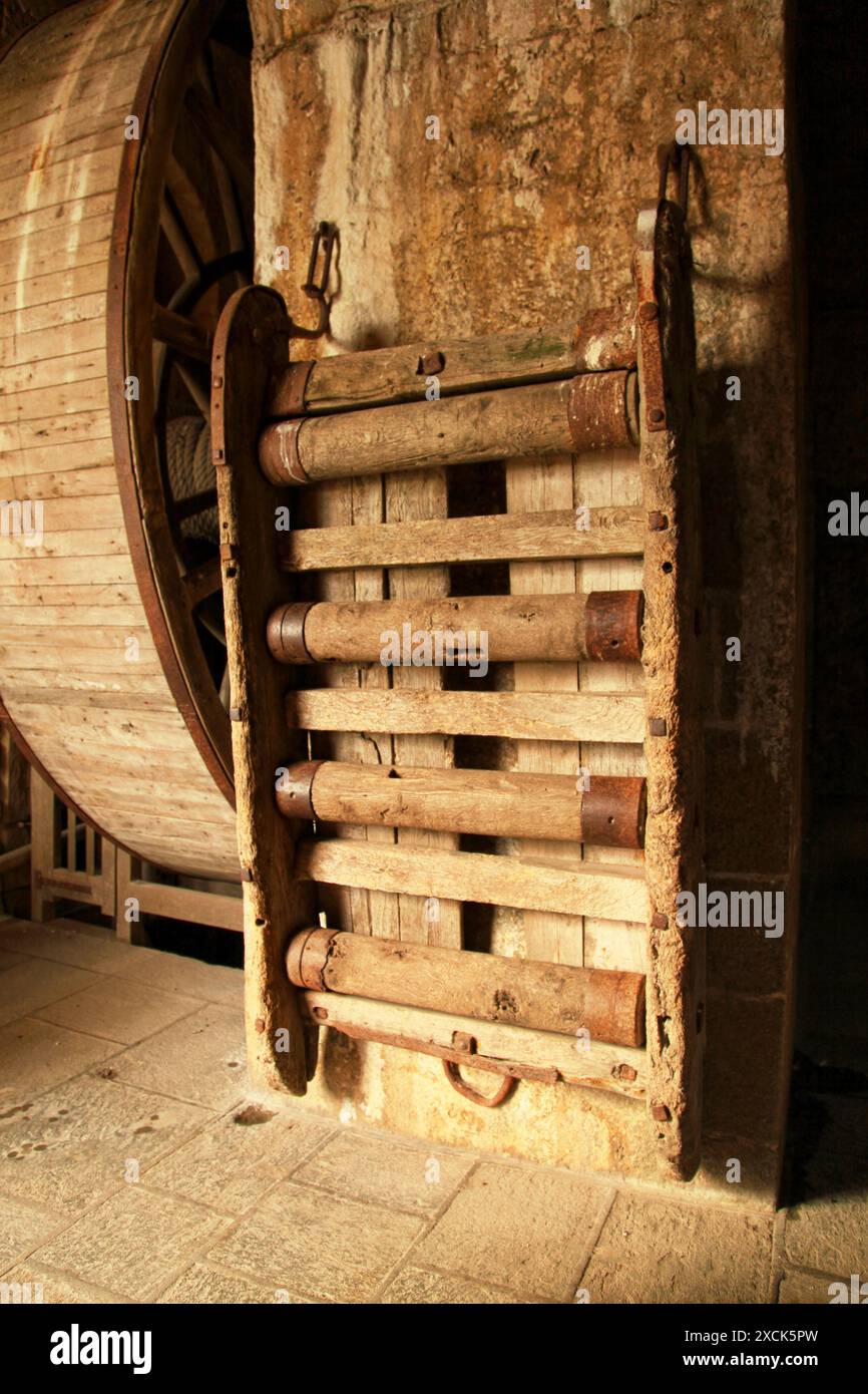 Lifting wheel inside the Abbey of Mont-Saint-Michel used to lift food ...