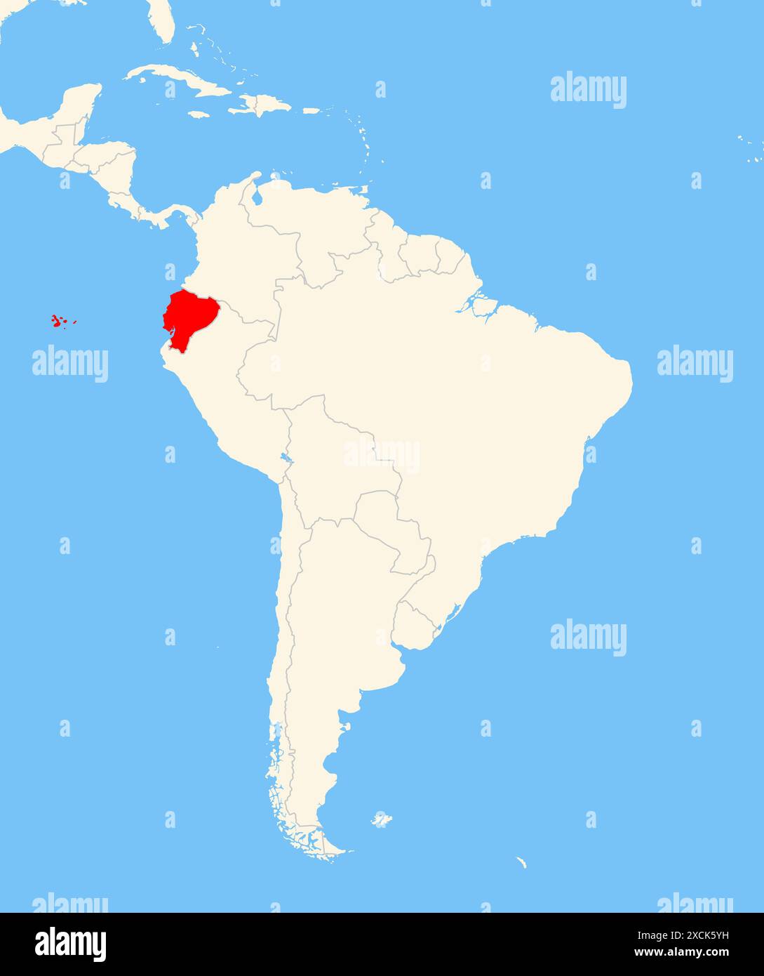 Locator map showing the location of the country Ecuador in South America. The country is ...