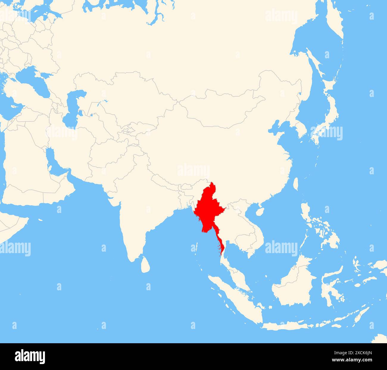 Locator map showing the location of the country Myanmar in Asia. The ...