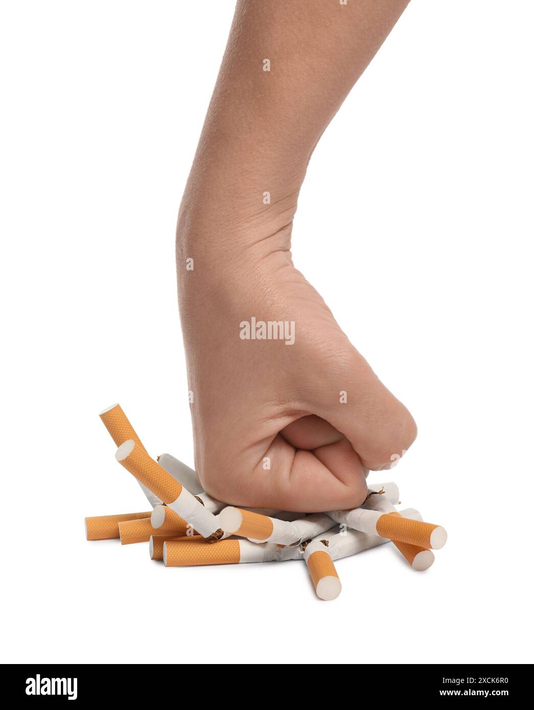 Stop smoking. Man crushing cigarettes on white background, closeup ...