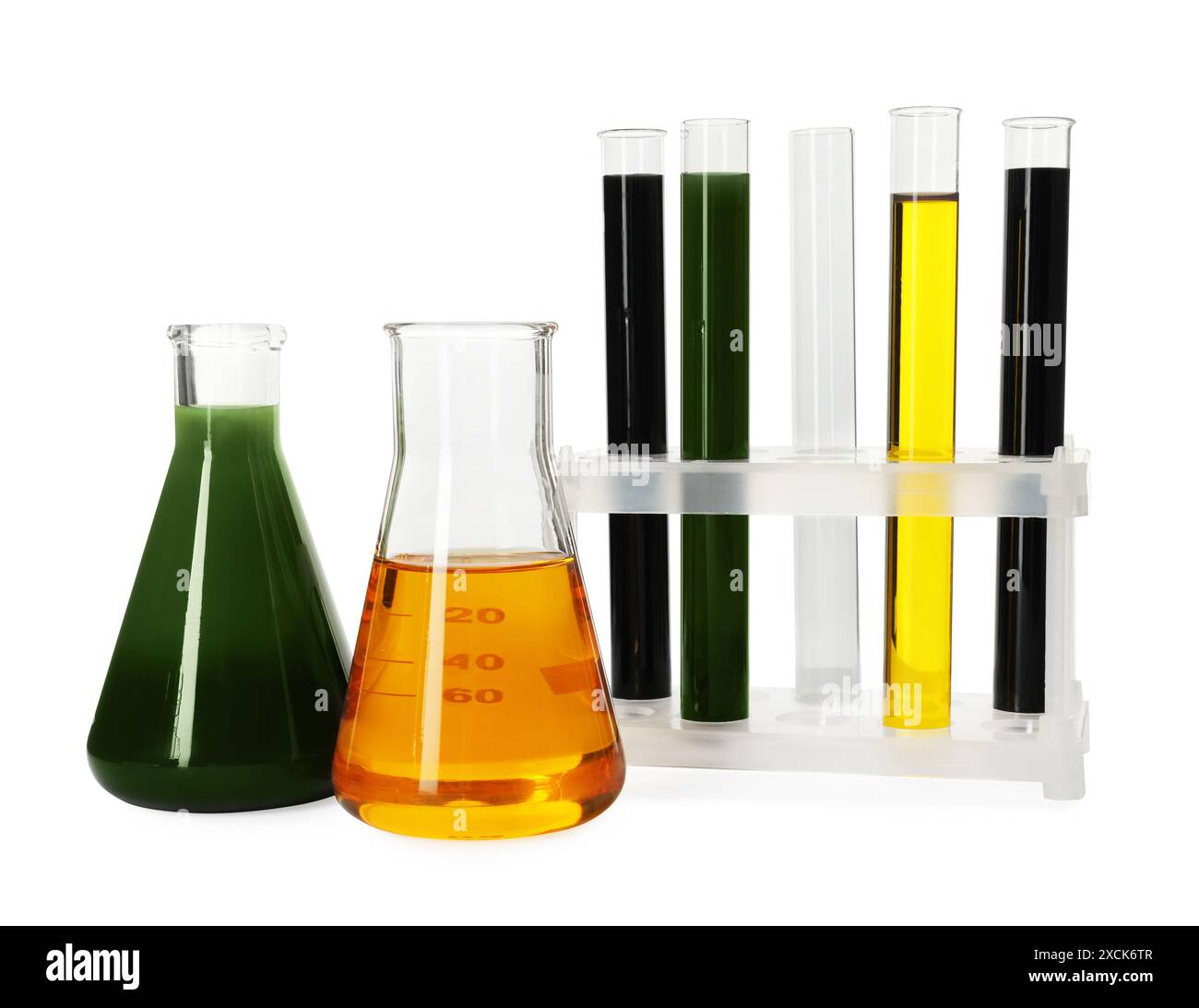 Test tubes and flasks with different types of oil isolated on white ...