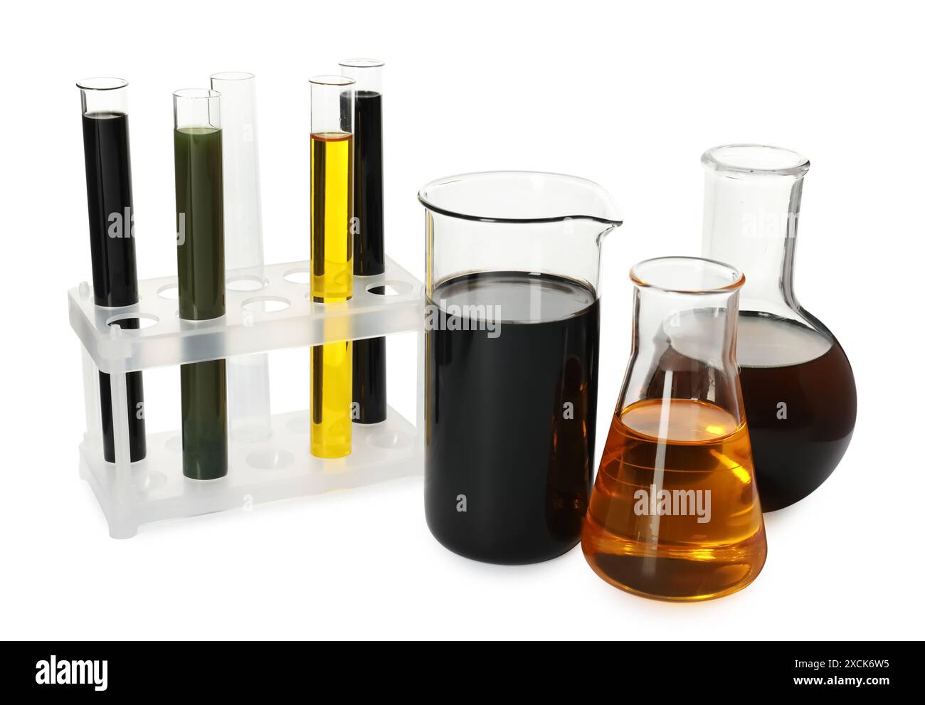 Beaker, test tubes and flasks with different types of oil isolated on ...