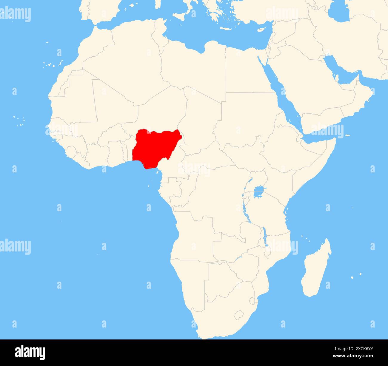 Locator map showing the location of the country Nigeria in Africa. The country is highlighted ...