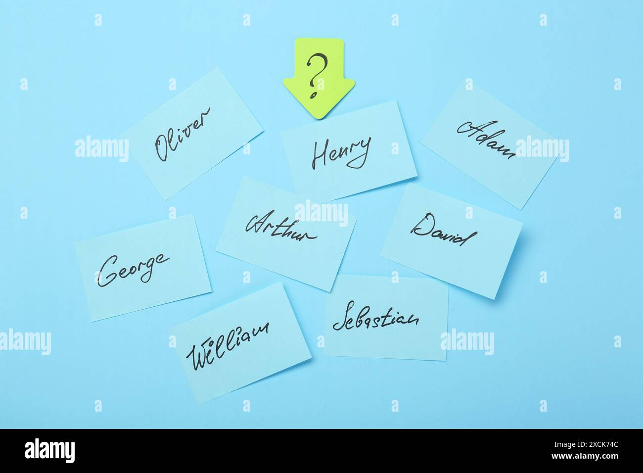 Choosing baby name. Paper stickers with different names and question ...