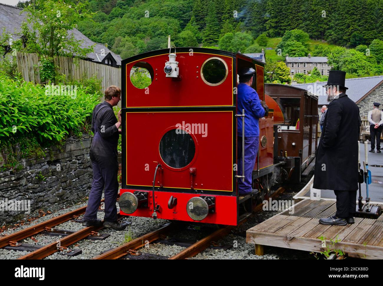 Corris Steam Railway at Corris Station with red Falcon engine, engine ...