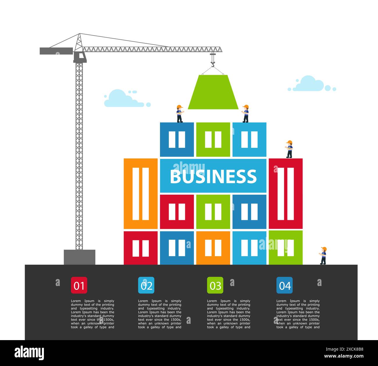 Tower crane made of colored blocks builds city. concept of building ...