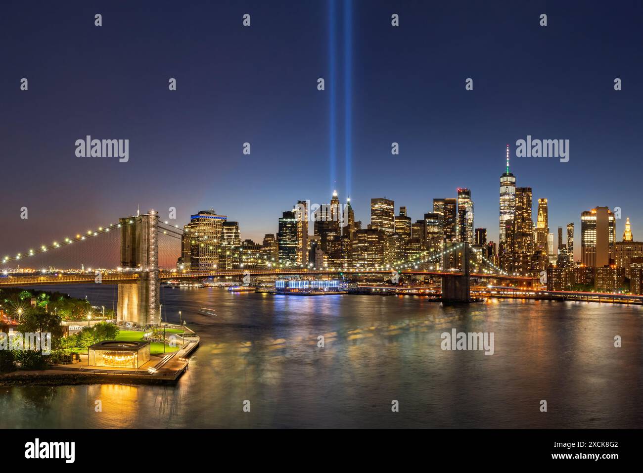New york City September 11 Tribute in Light with the skyscrapers of ...