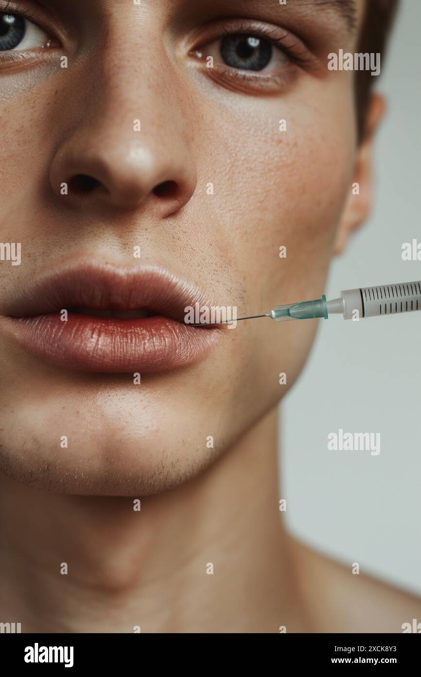 detail of lip augmentation injection in a young man Stock Photo - Alamy