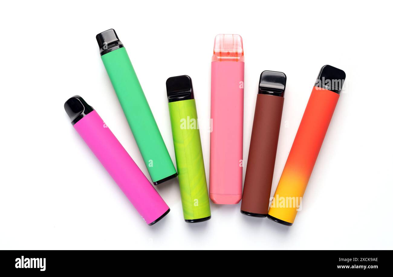 A set of colorful disposable electronic cigarettes of different shapes ...