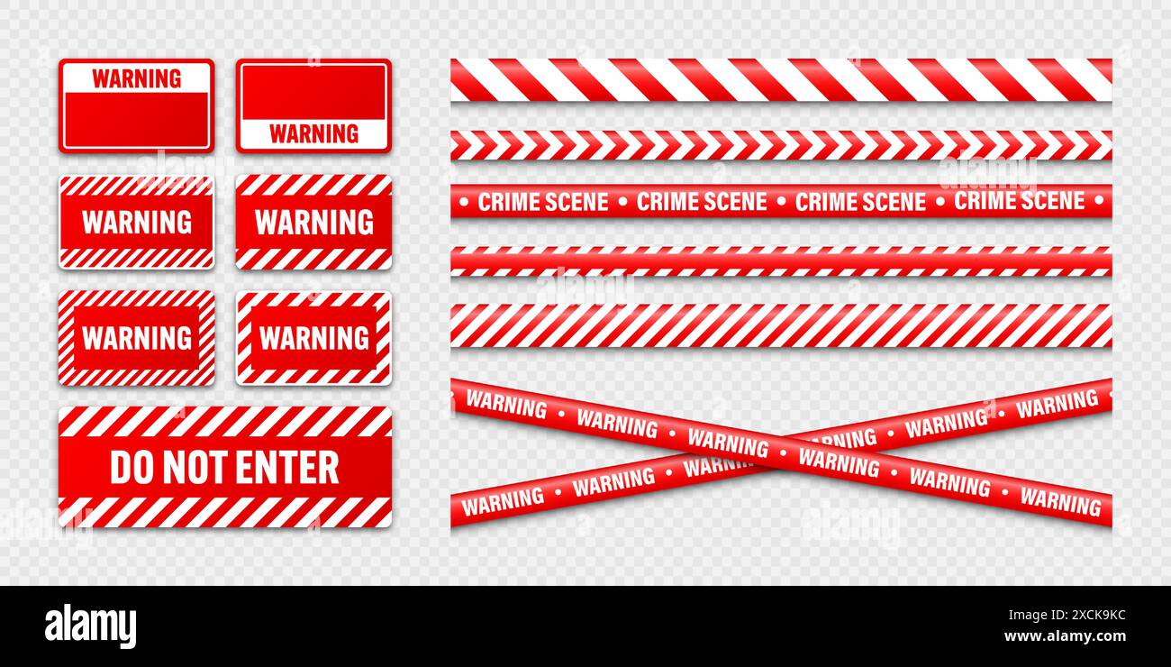 Various barricade construction tapes and warning shields. Red police ...