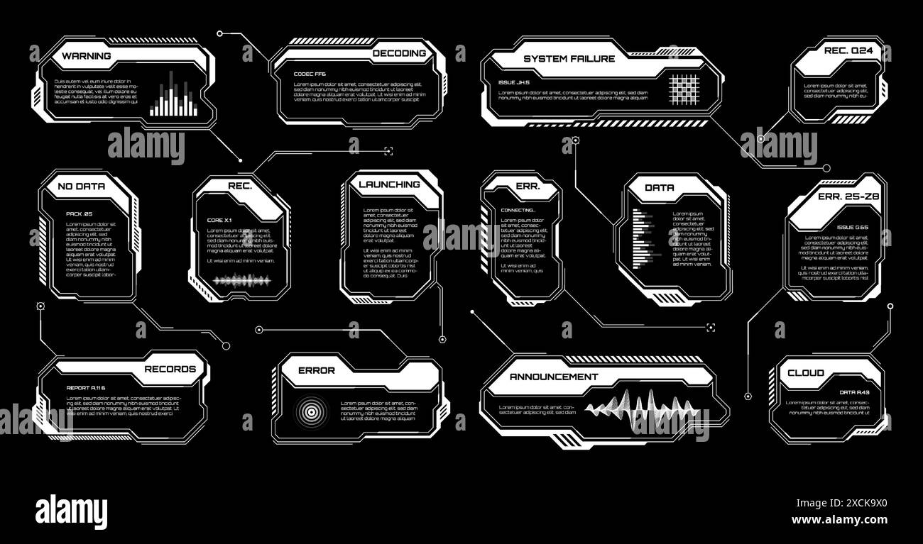 White futuristic HUD, UI elements. Sci-fi user interface text boxes ...