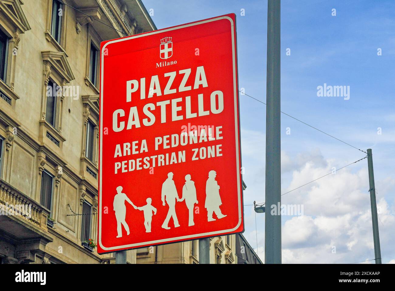 Road sign indicating the new, large pedestrian area of Piazza Castello ...