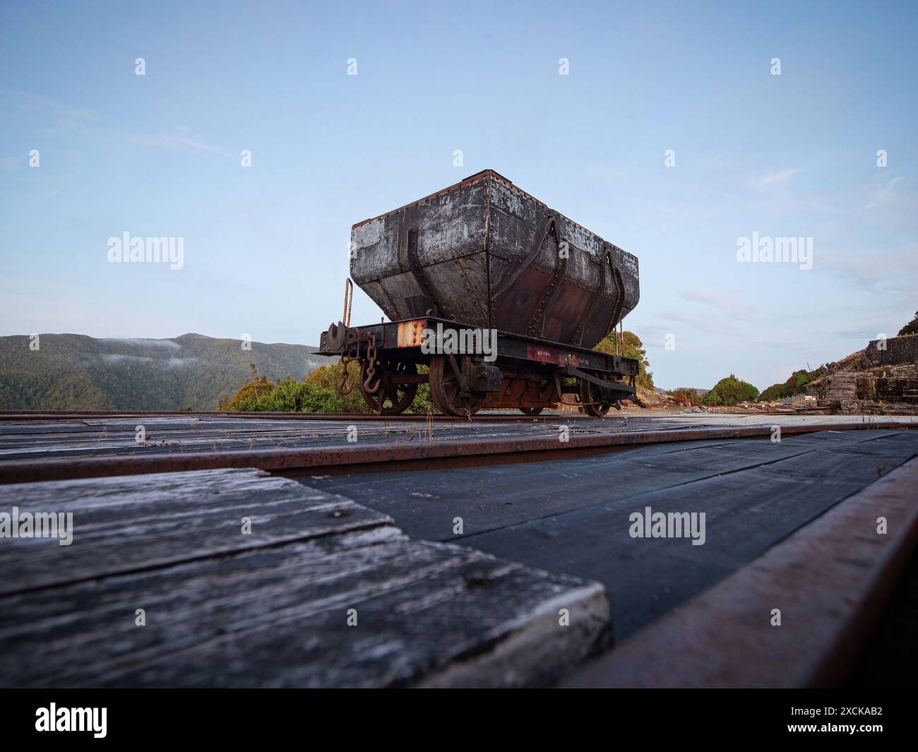 Old historic rusty wagon trolley on abandoned Denniston Incline, coal ...