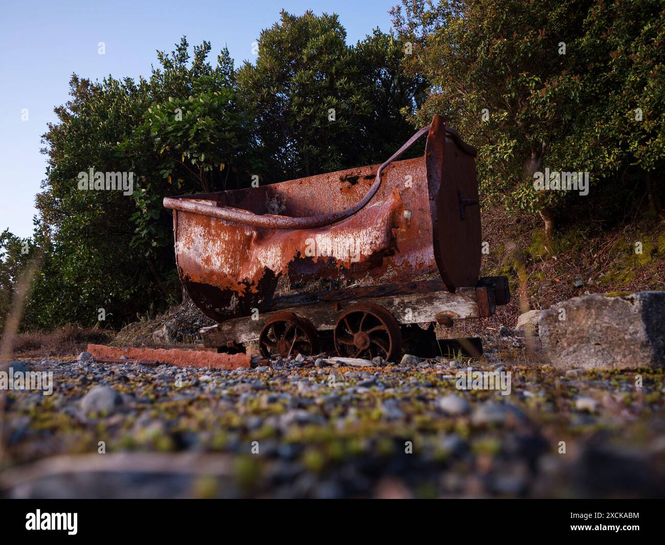 Old historic rusty wrecked wagon trolley on abandoned Denniston Incline ...