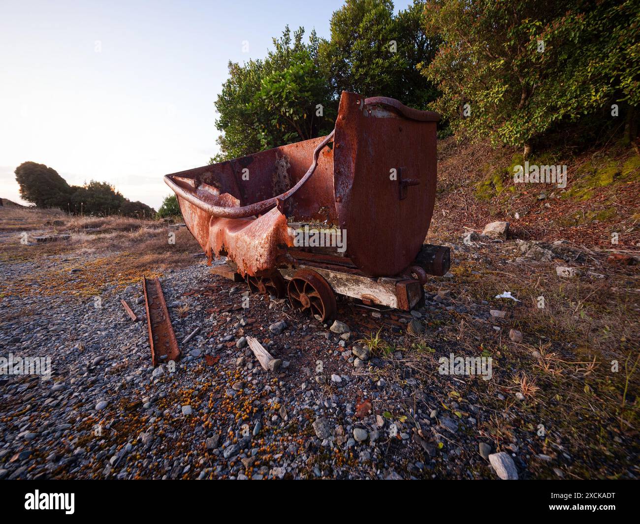 Old historic rusty wrecked wagon trolley on abandoned Denniston Incline ...
