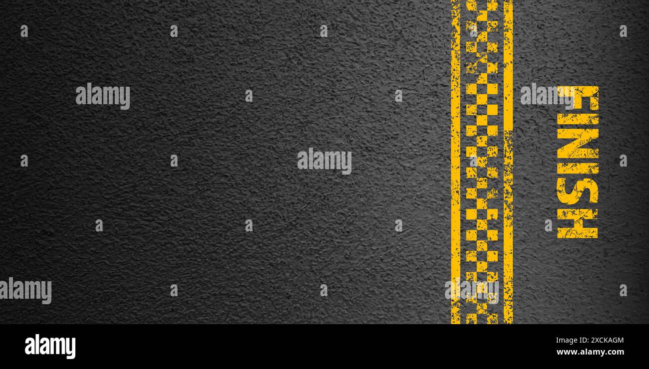 Asphalt road with yellow finish line marking, concrete highway surface ...