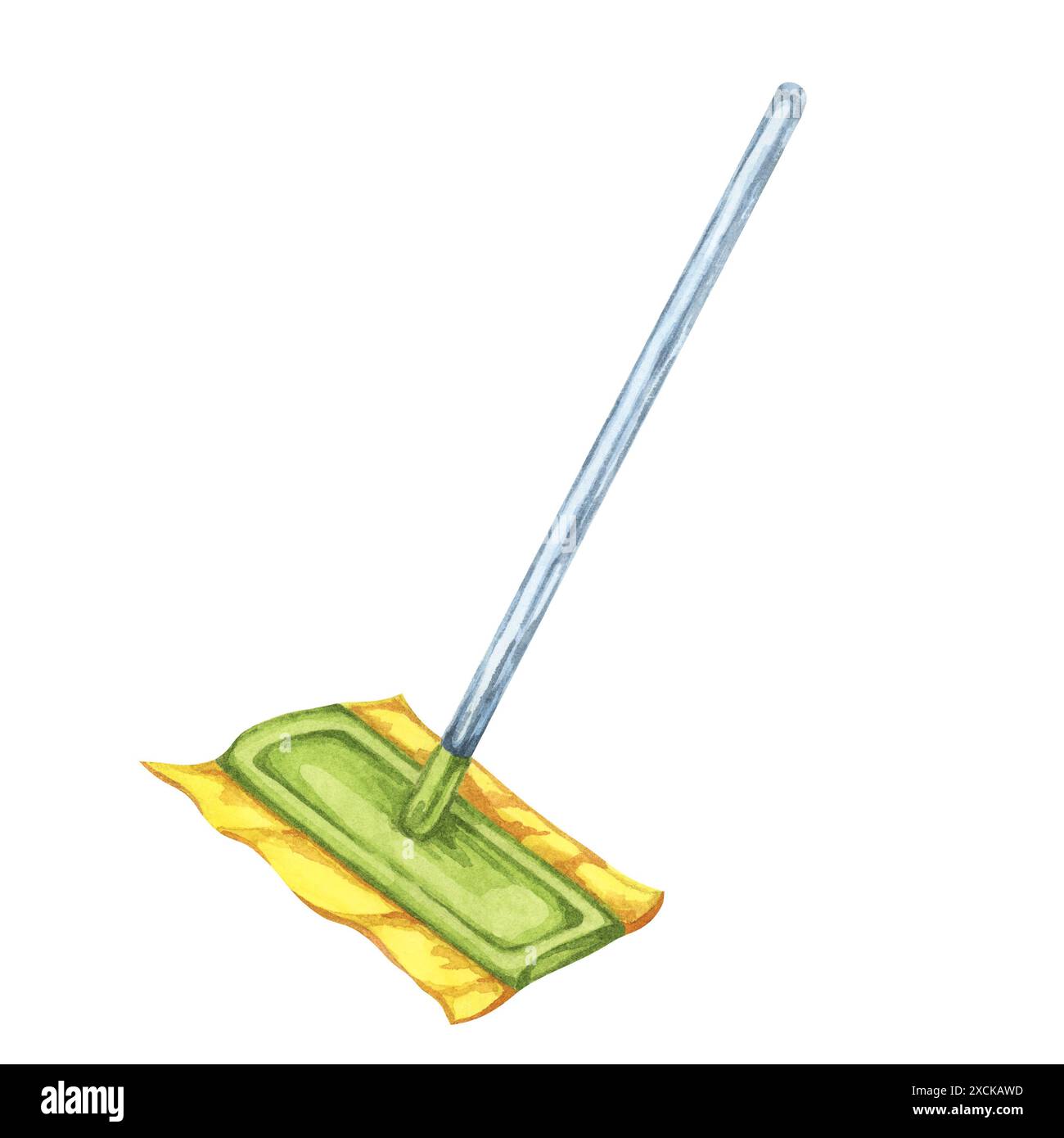 Green mop with yellow rag. Floor cleaning watercolor illustration ...
