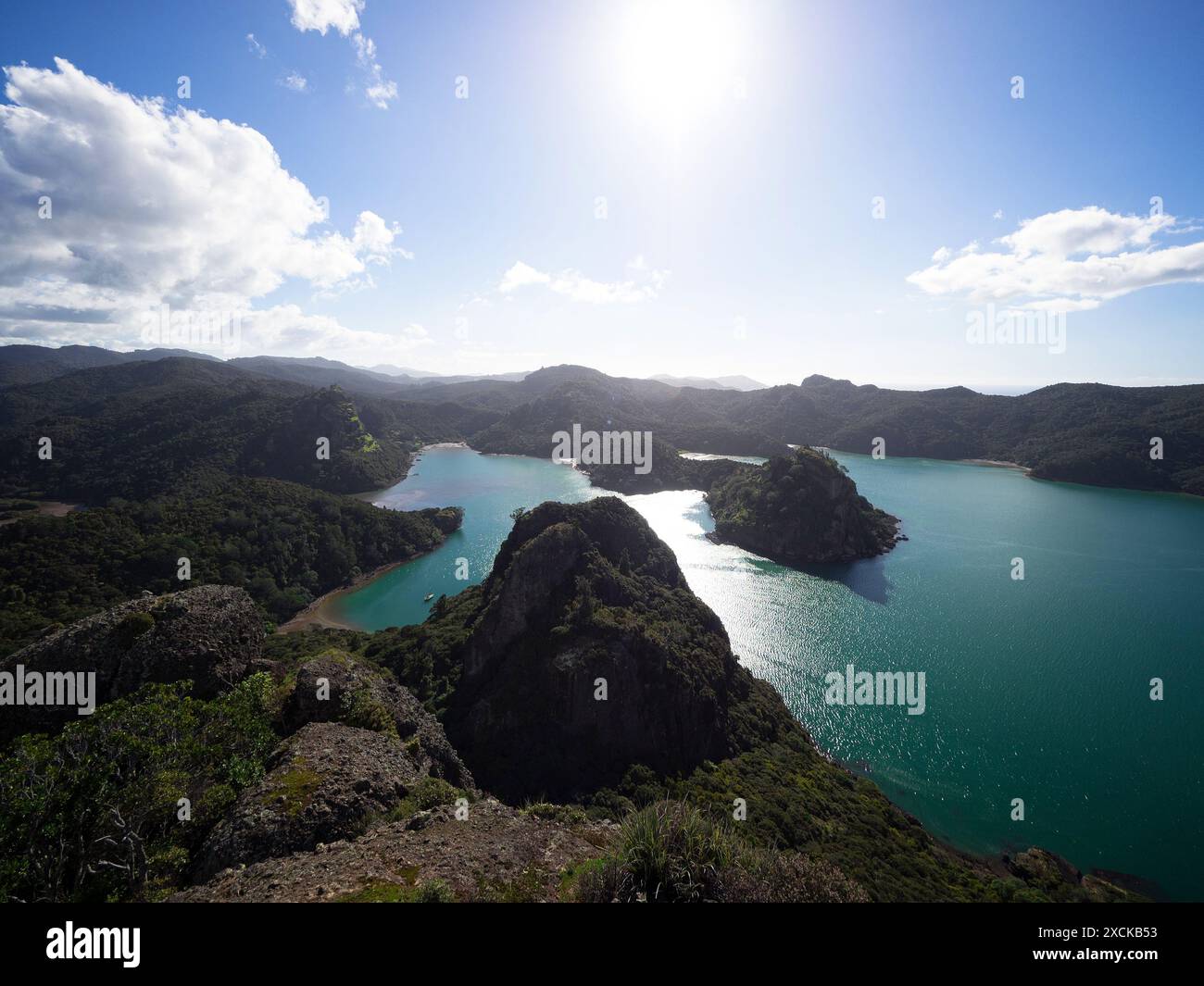 Nature landscape blue ocean water panorama view with cliff hills at ...