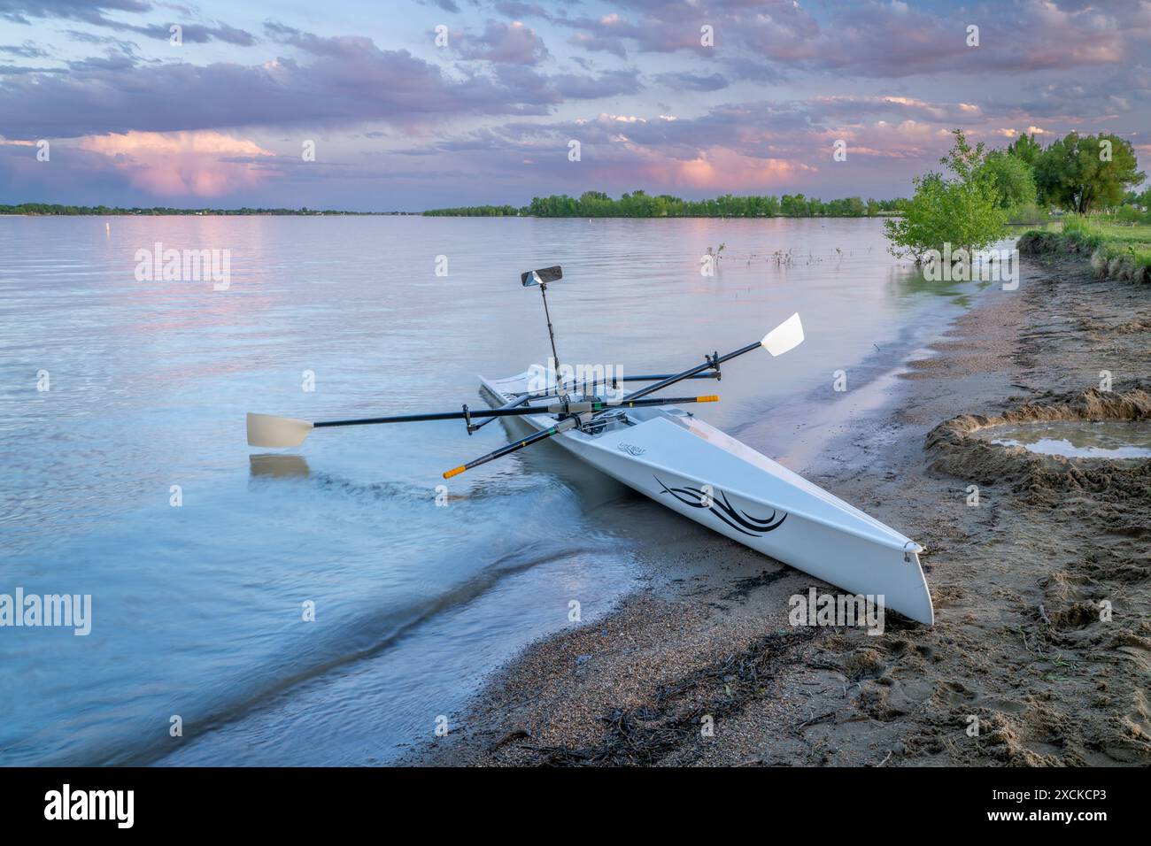 Loveland, CO, USA - May 27, 2024: Rowing shell by Liteboat on a beach ...