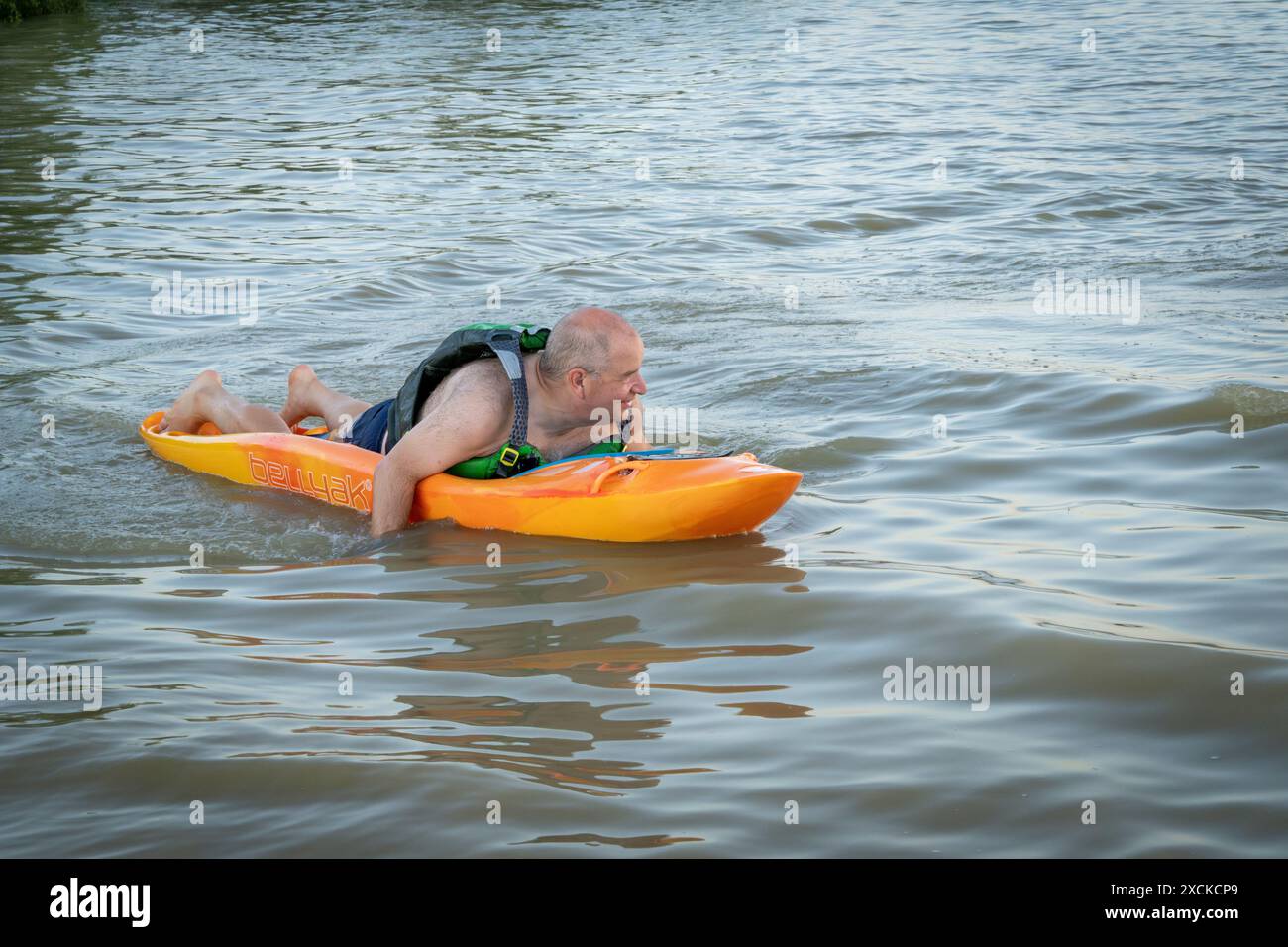 Loveland, CO, USA - June 16, 2024: Bellyak, prone kayak at lake shore ...