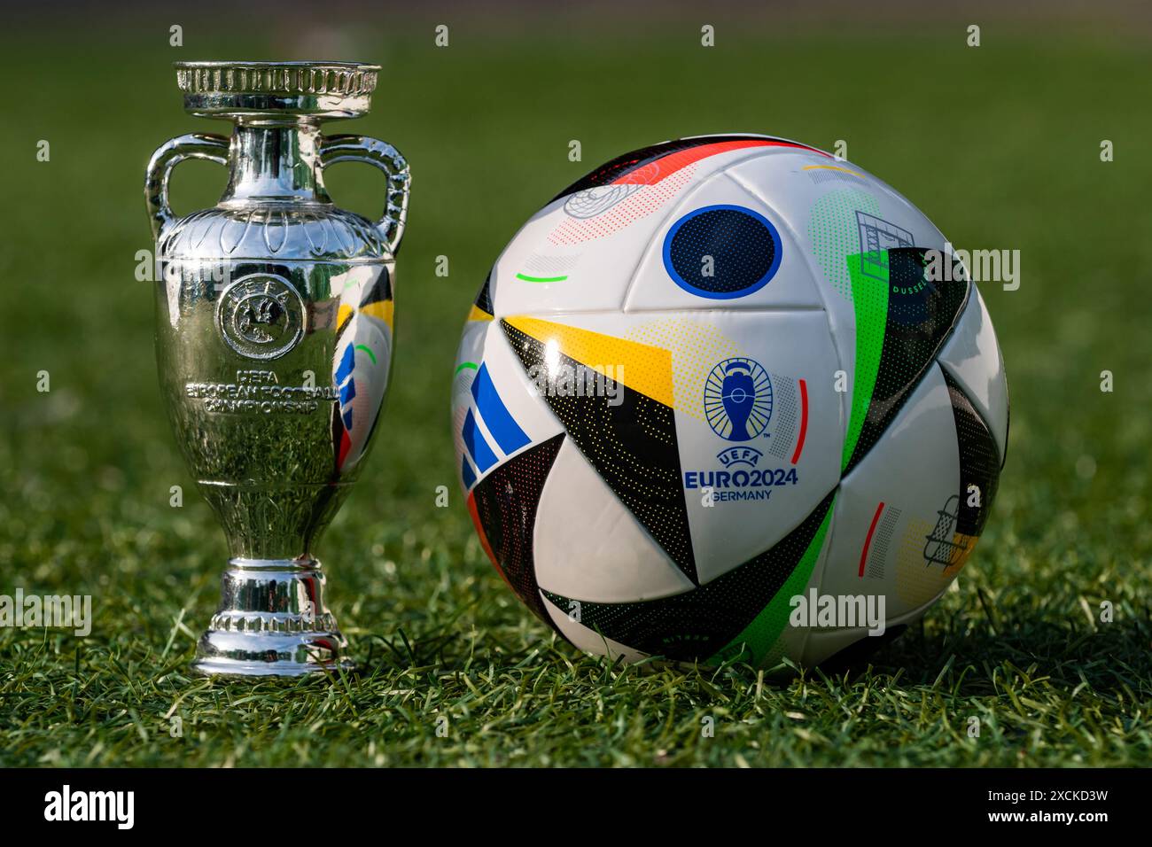 June 14, 2024, Berlin, Germany. The official ball and cup of the ...