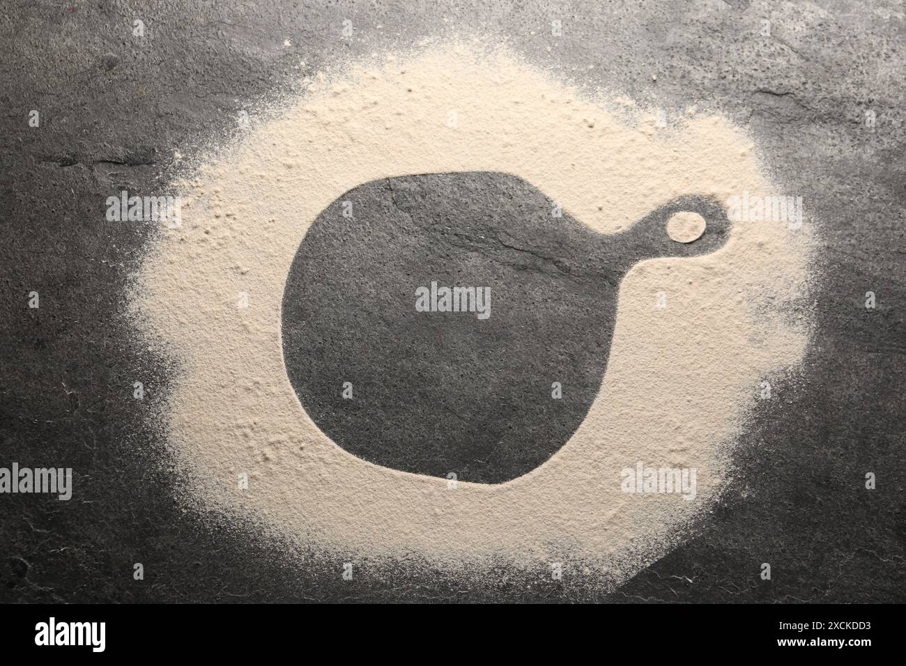 Imprint of board on grey textured table with flour, top view Stock ...