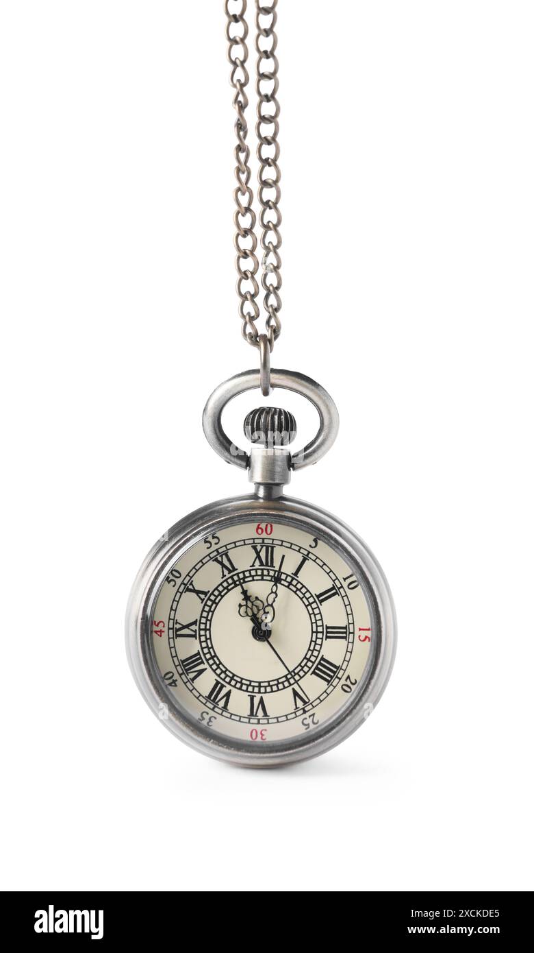 One pocket clock with chain isolated on white Stock Photo - Alamy
