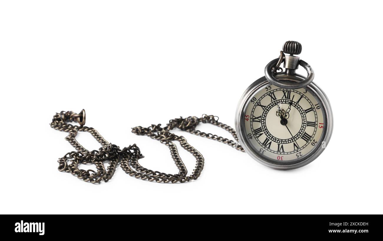 One pocket clock with chain isolated on white Stock Photo - Alamy