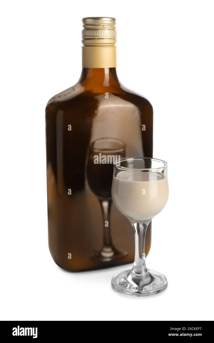 Bottle and glass of coffee cream liqueur isolated on white Stock Photo ...