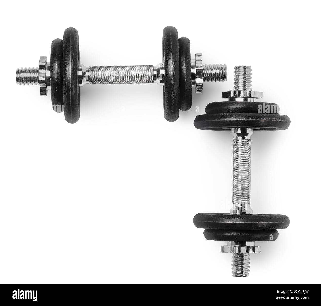 Metal dumbbells isolated on white, top view. Sports equipment Stock ...