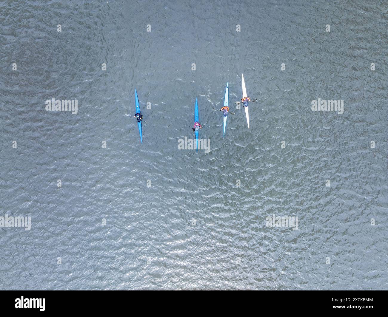 Kayaking top view. Group of kayaks rowing. Kayaks float on the river ...