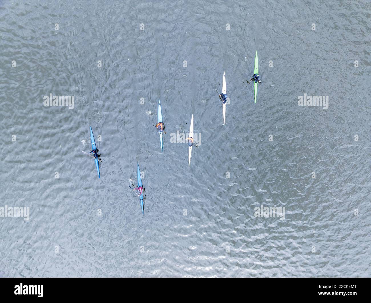 Kayaking top view. Group of kayaks rowing. Kayaks float on the river ...