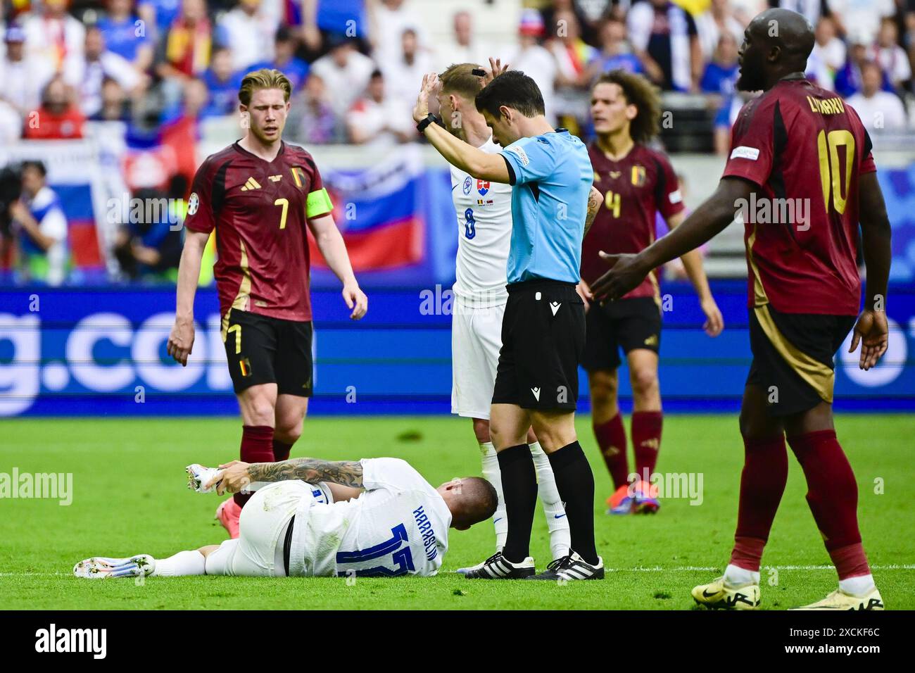 Frankfurt, Germany. 17th June, 2024. Slovakia's Lukas Haraslin lies ...