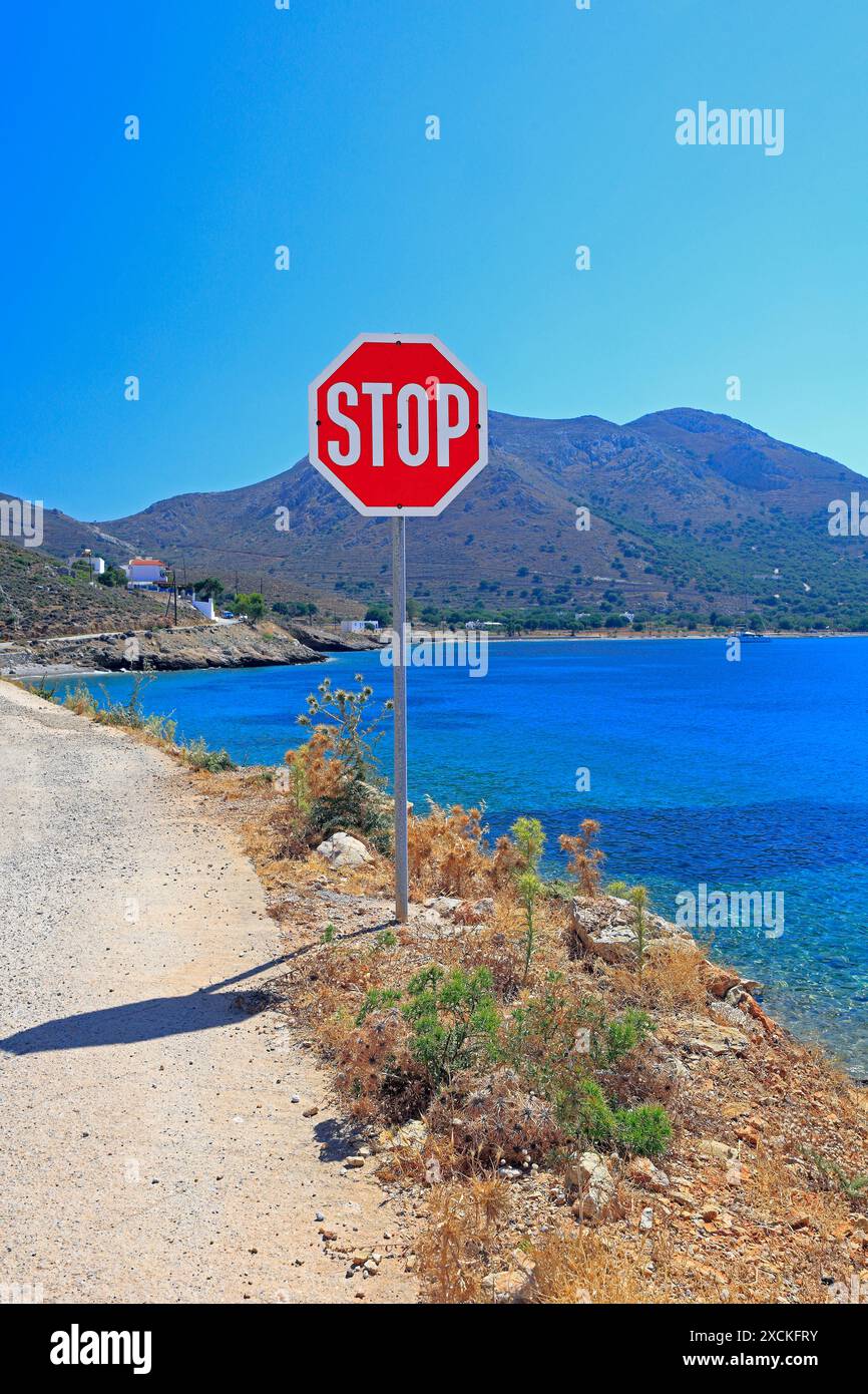 Stop sign by the roadside, Tilos Island, Dodecanese, Greece. Taken May ...