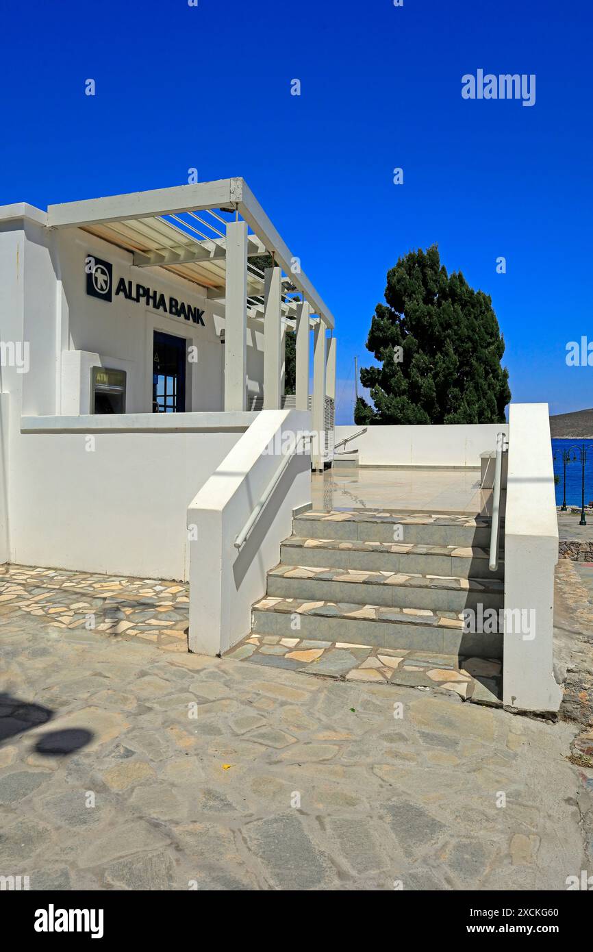 Alpha Bank building, Livadia village square, Tilos Island, Dodecanese ...