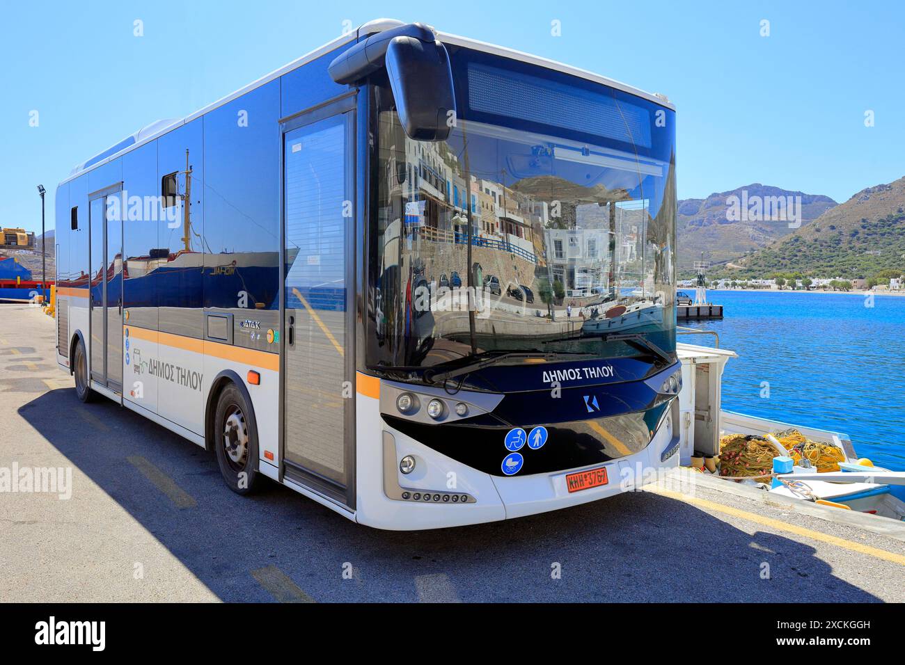 The Island Bus, at Livadia Harbour front, Tilos Island, Dodecanese ...
