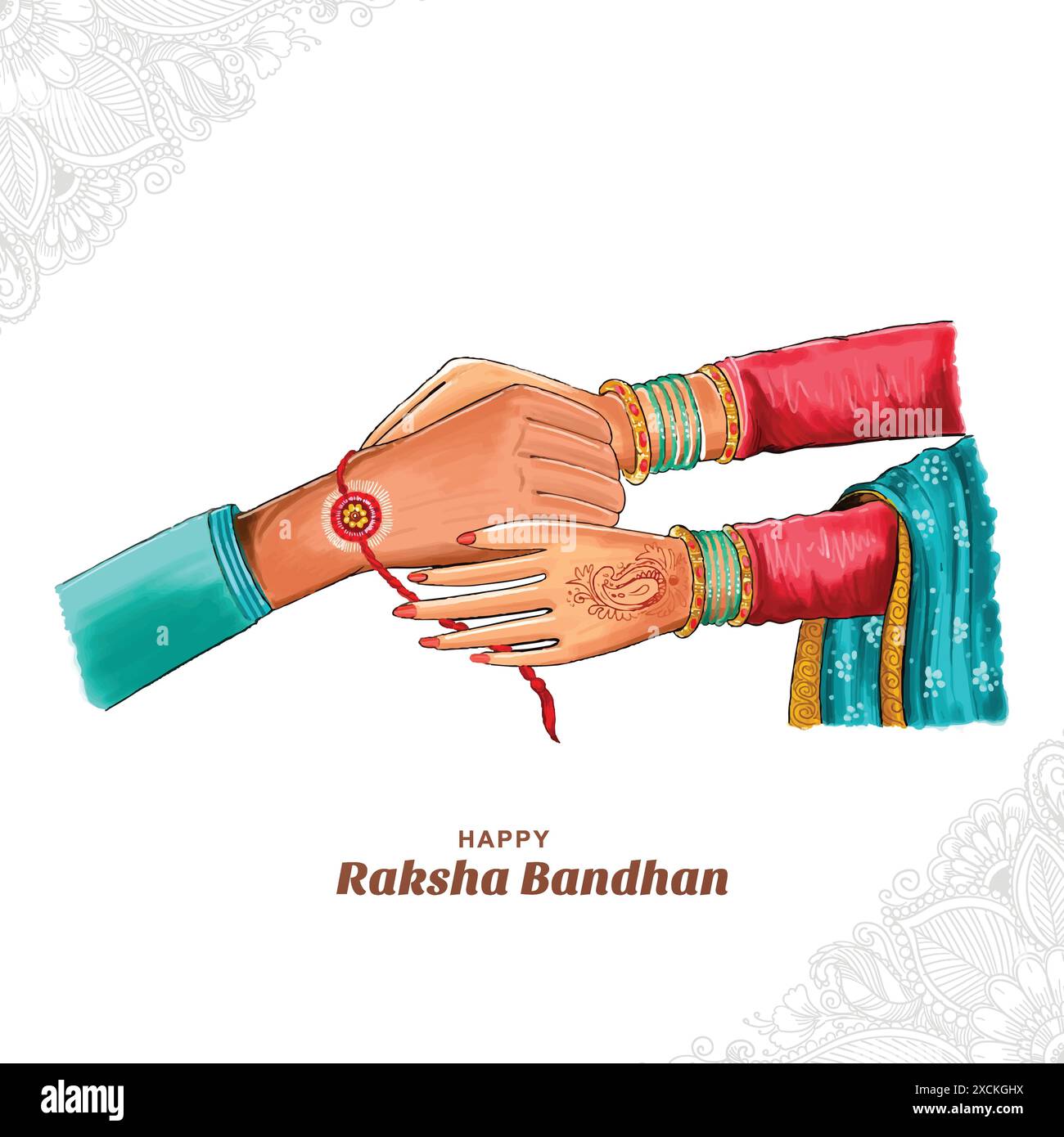 Hand draw happy raksha bandhan sister tying rakhi to brother card ...