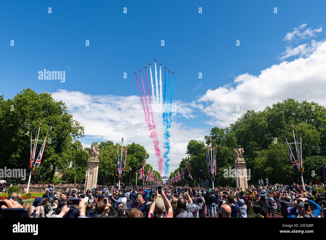 Royal Air Force Red Arrows display team flying over The Mall, London ...