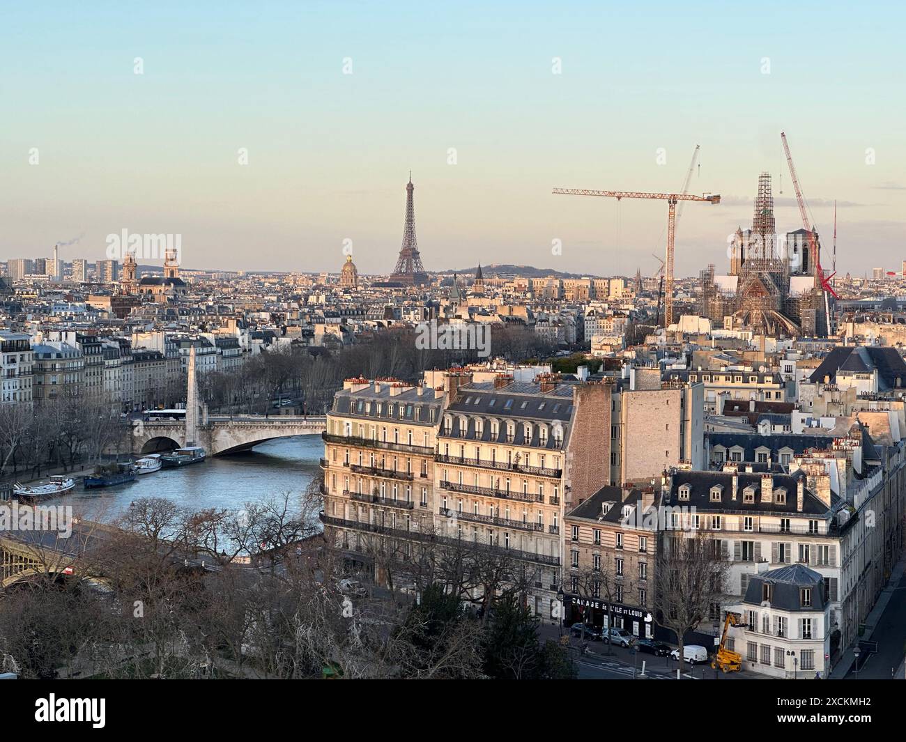 Beautiful buildings, Eiffel tower and river in Paris, view from hotel ...