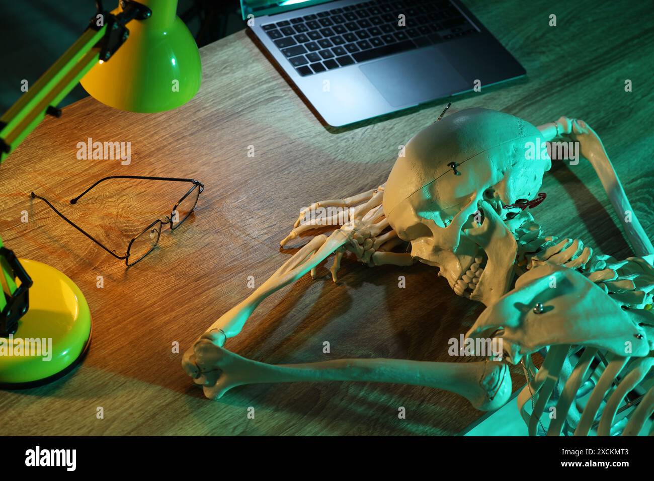 Waiting concept. Human skeleton sleeping at wooden table with laptop ...