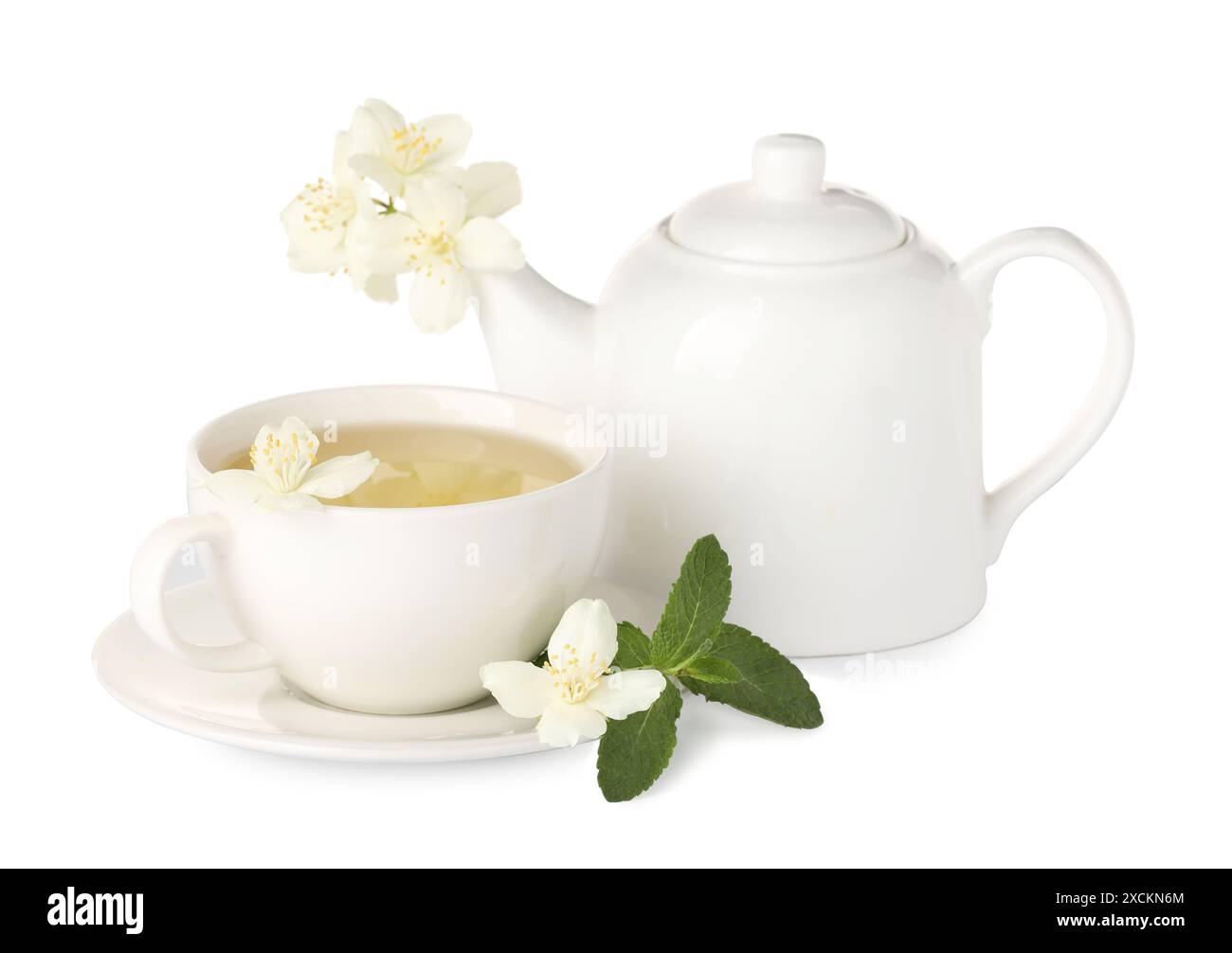 Aromatic herbal tea with mint and jasmine flowers isolated on white ...