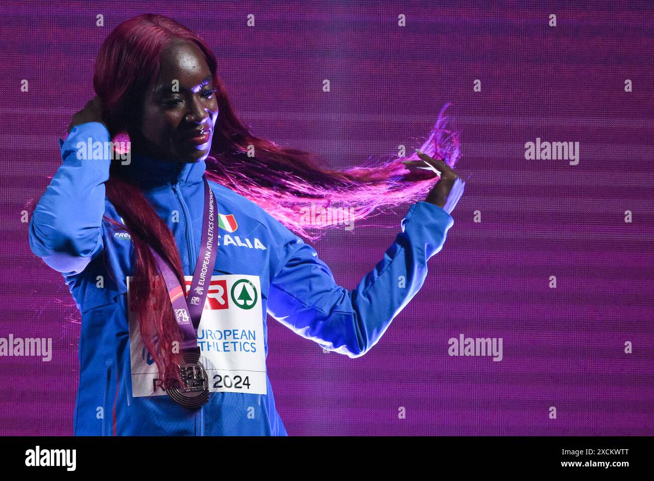 Zaynab Dosso of Italy attends the medal ceremony of the 100m women ...