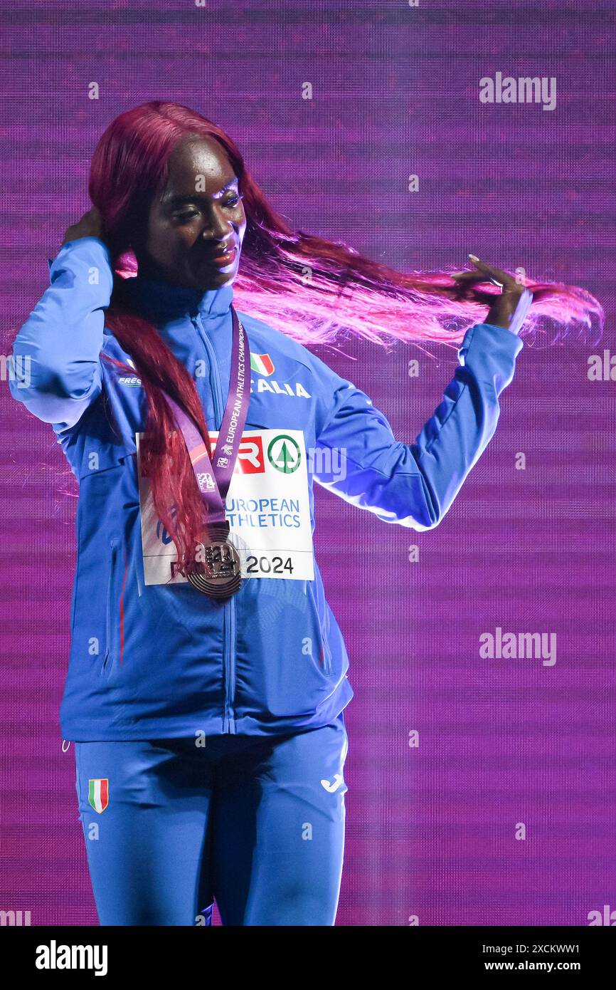 Zaynab Dosso of Italy attends the medal ceremony of the 100m women ...