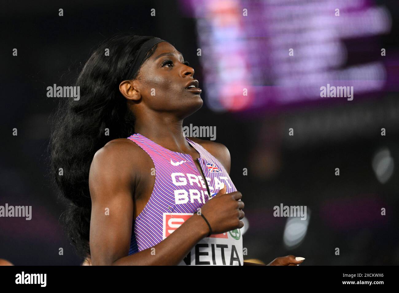 Daryll Neita of Great Britain reacts after competing in the 200m women ...