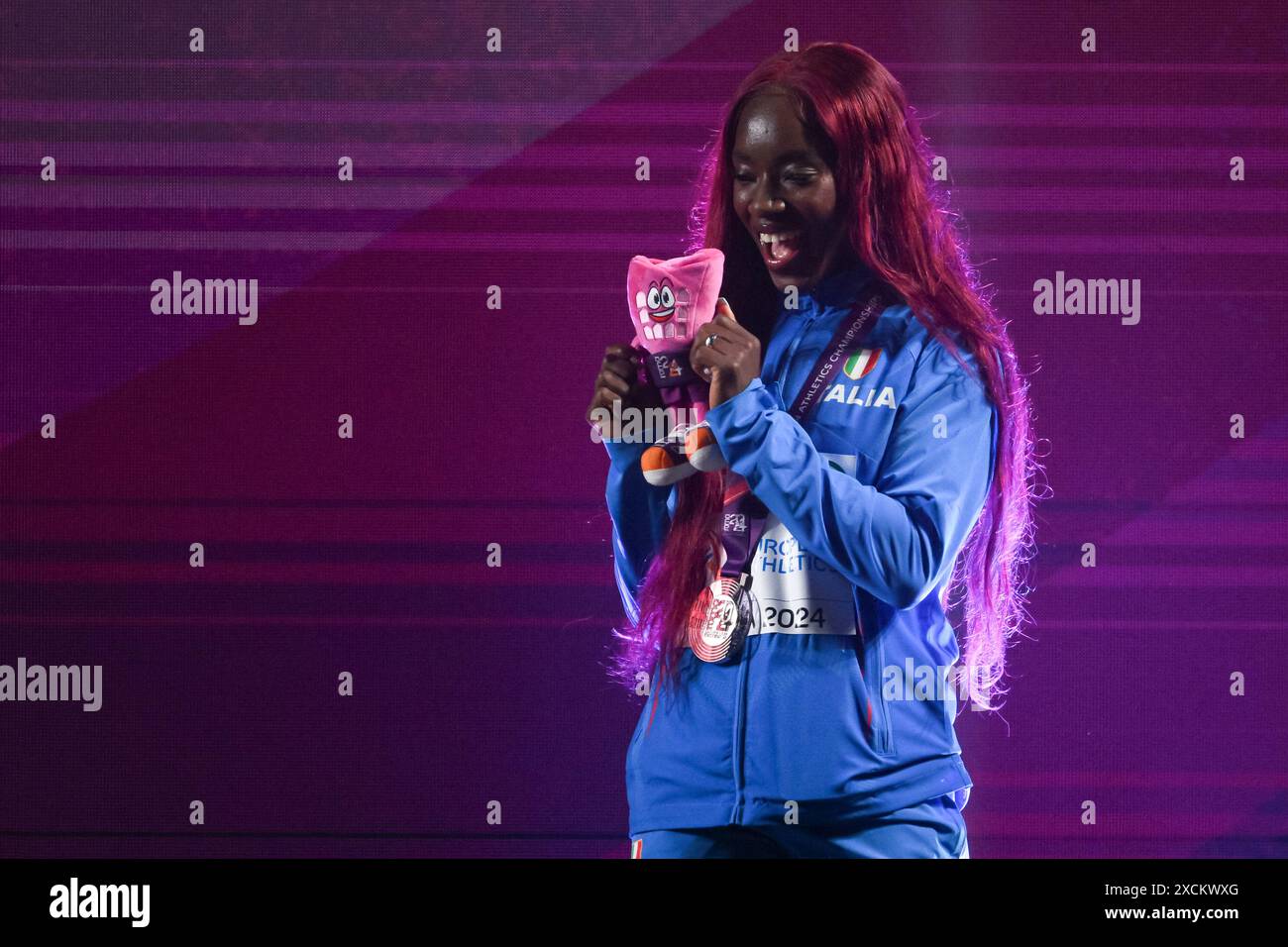 Zaynab Dosso of Italy attends the medal ceremony of the 100m women ...